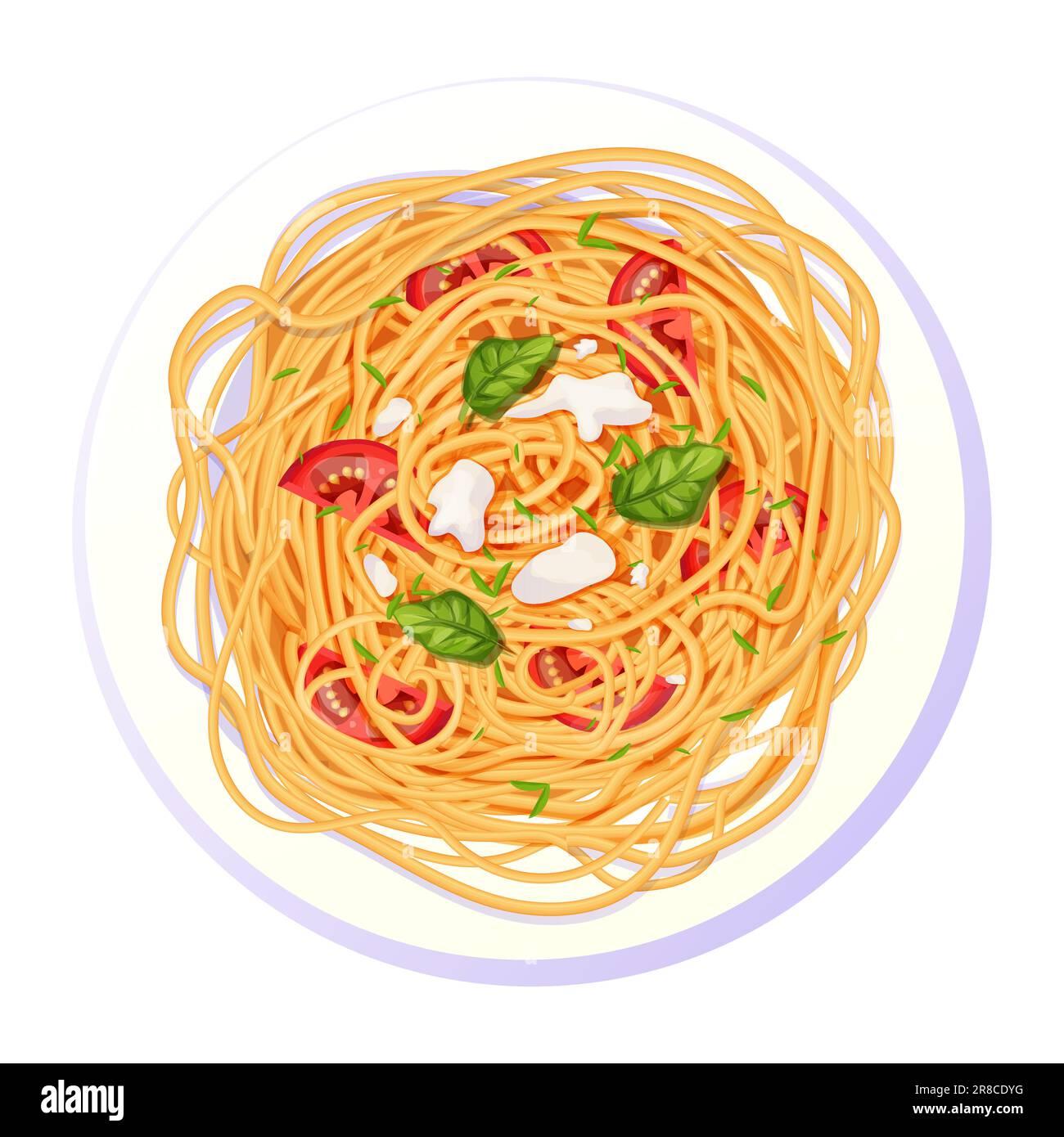 Spaghetti pâtes dans une assiette avec des tomatos, basilic, mozzarella ...