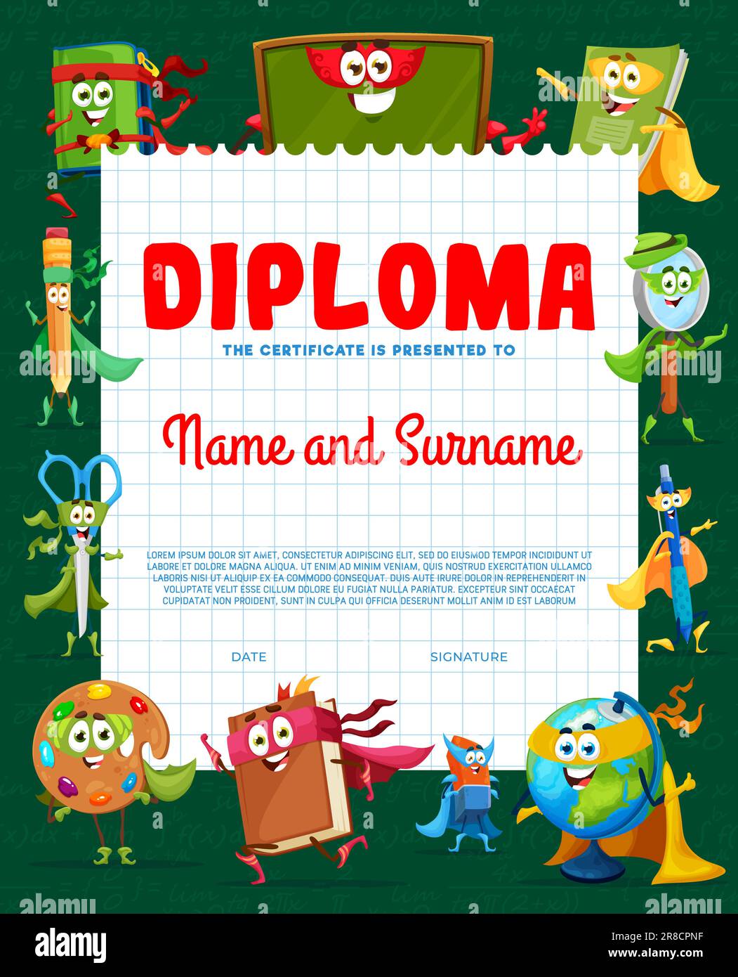 Kids diplôme dessin animé papeterie personnages de super-héros ...