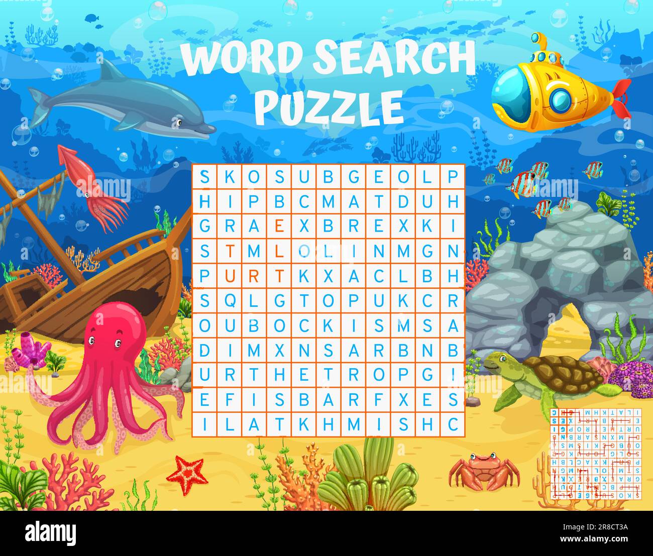Animaux sous-marins de mer de dessin animé et paysage. Jeu de puzzle de ...