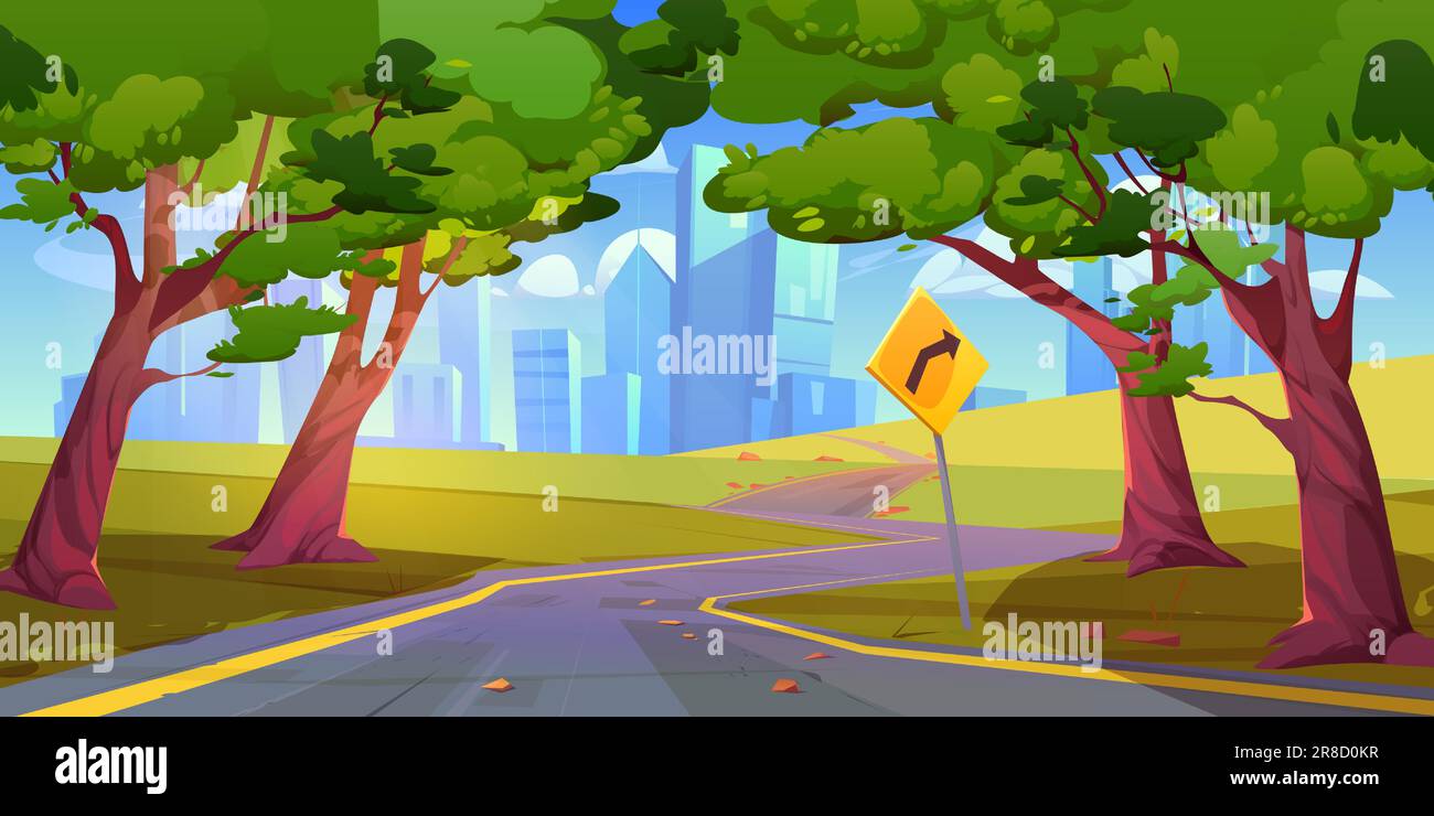 Paysage naturel avec route, ville à l'horizon, arbres et nuages dans le ...