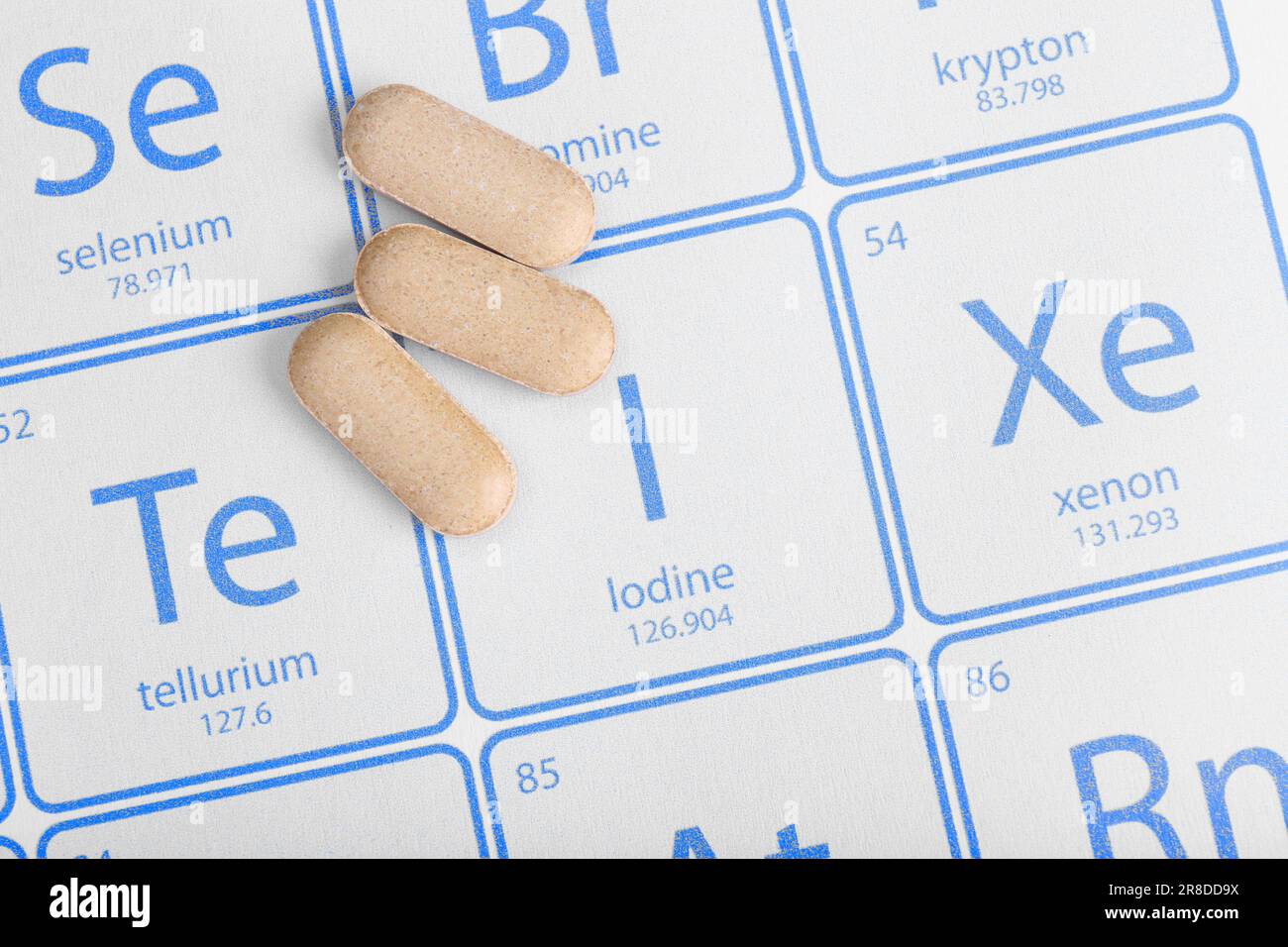 Symbole iode et pilules sur le tableau périodique des éléments, vue de ...
