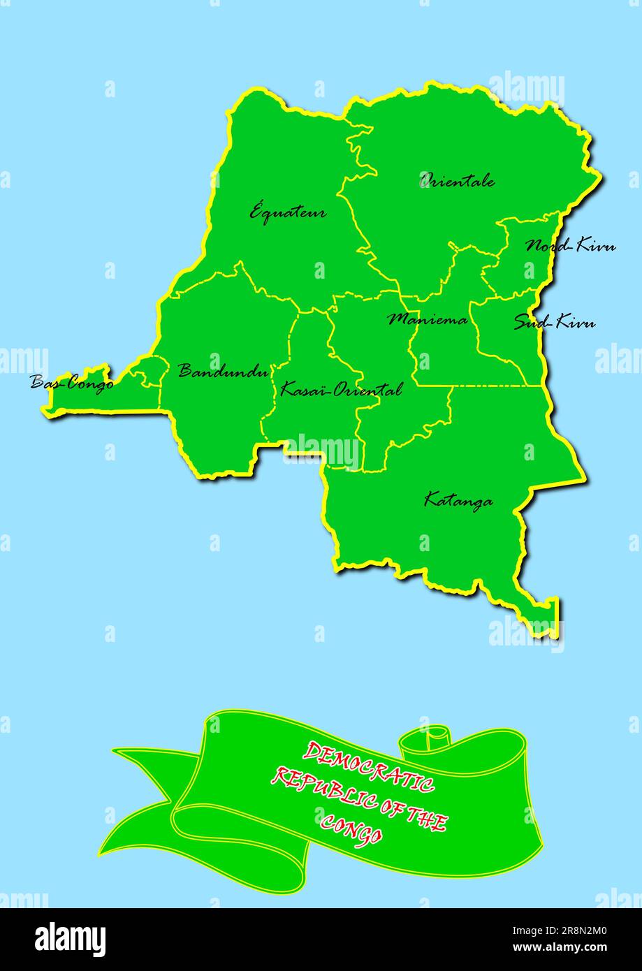 Carte de la République démocratique du Congo avec sous-régions en vert ...
