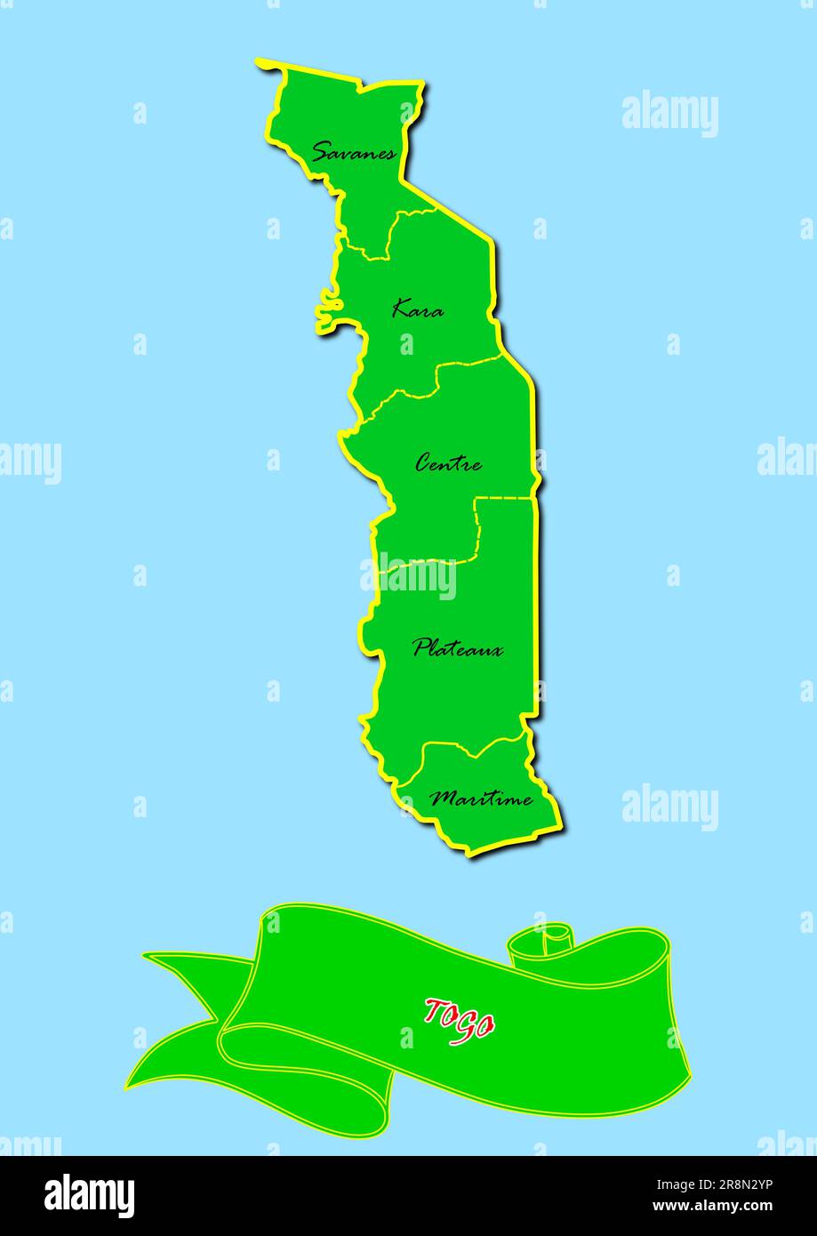 Carte du Togo avec sous-régions en vert nom de pays en rouge Photo ...