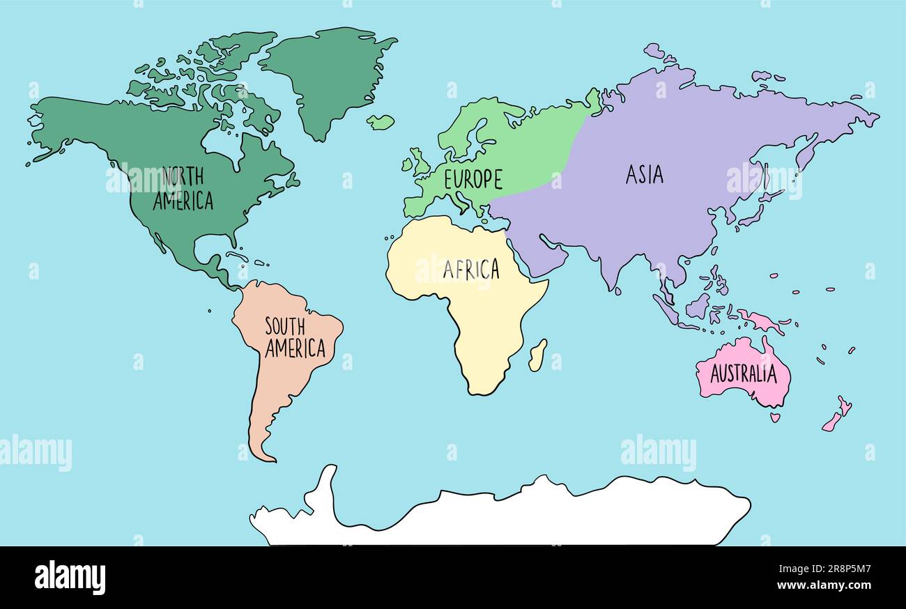 Carte du monde en forme de doodle dessinée à la main et colorée avec ...