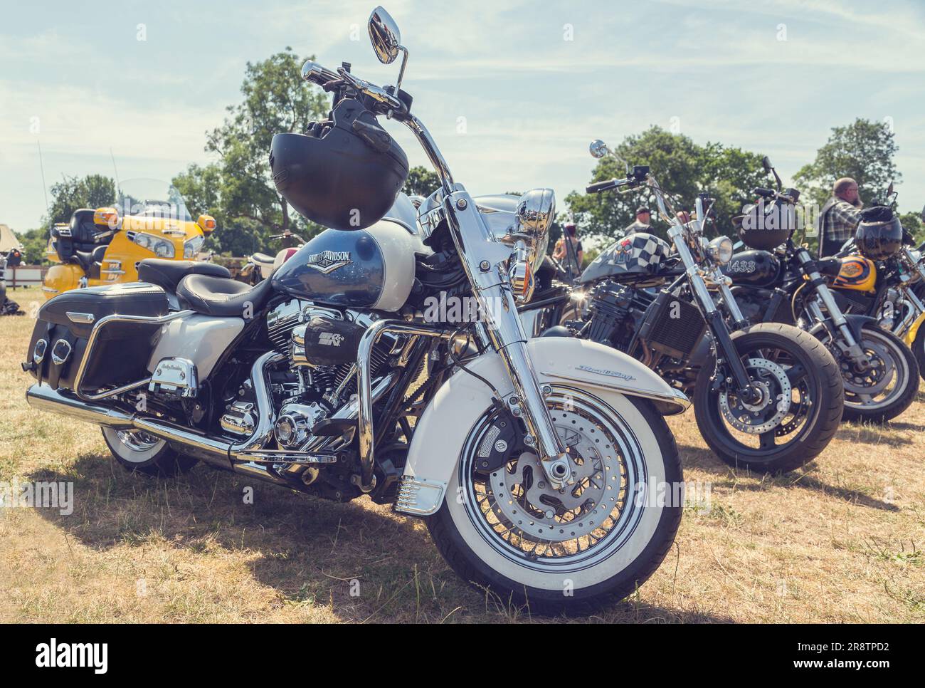 Emblématique Harley Davidson Road King avec pneus à paroi blanche et moteur chromé. Une présence ...