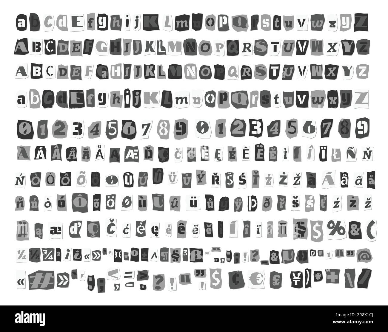 Lettres de style collage gris rançon, chiffres coupés des journaux et ...