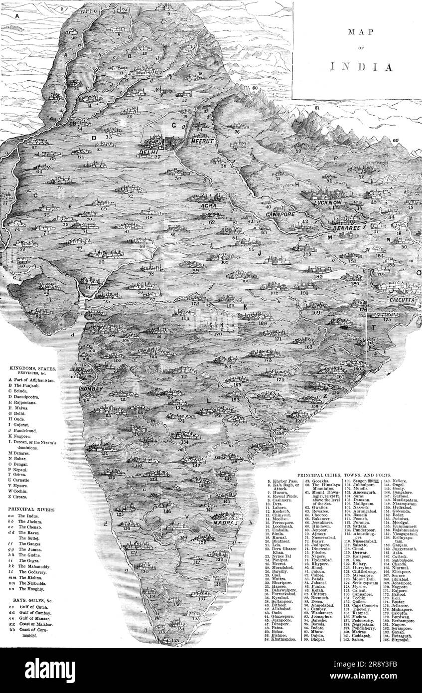 Carte de l'Inde, 1857. Carte du sous-continent indien pendant la ...