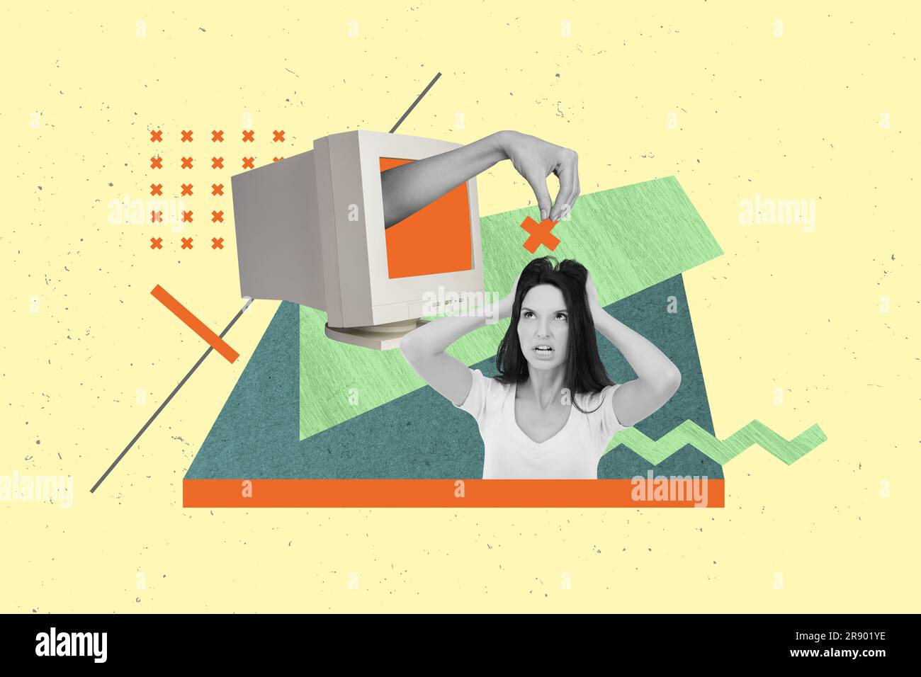 Photo collage de la femme insatisfaite en colère mal de tête mal de ...