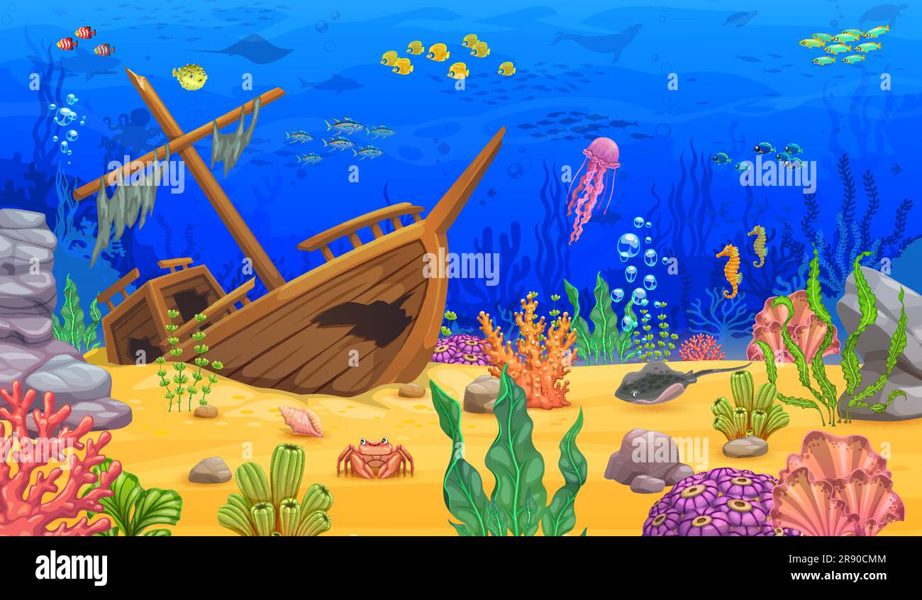 Paysage sous-marin de dessin animé avec navire coulé. Scène de faune ...