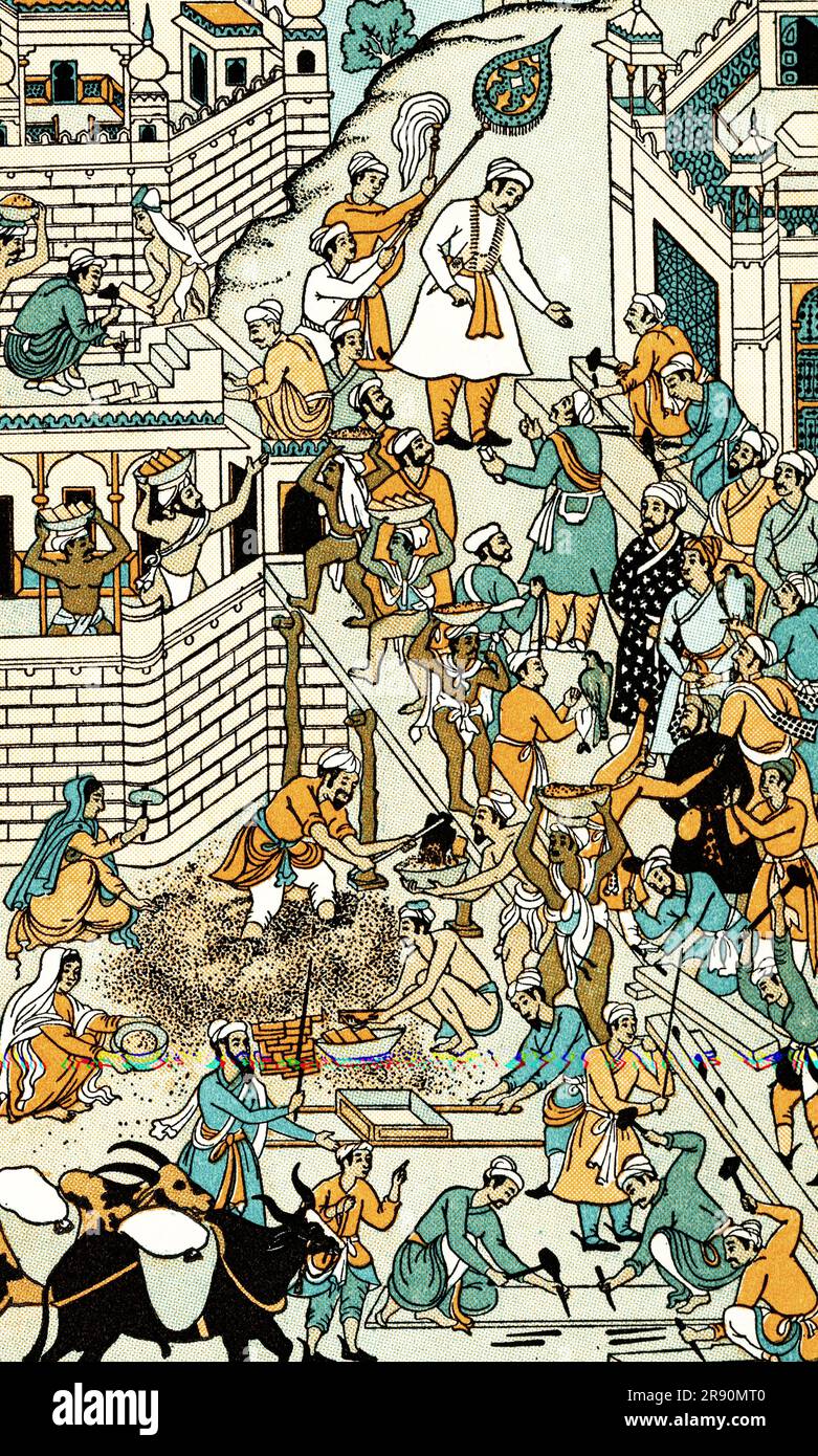 Akbar dirigeant la construction de la ville royale de Fathpur, 1571 ...