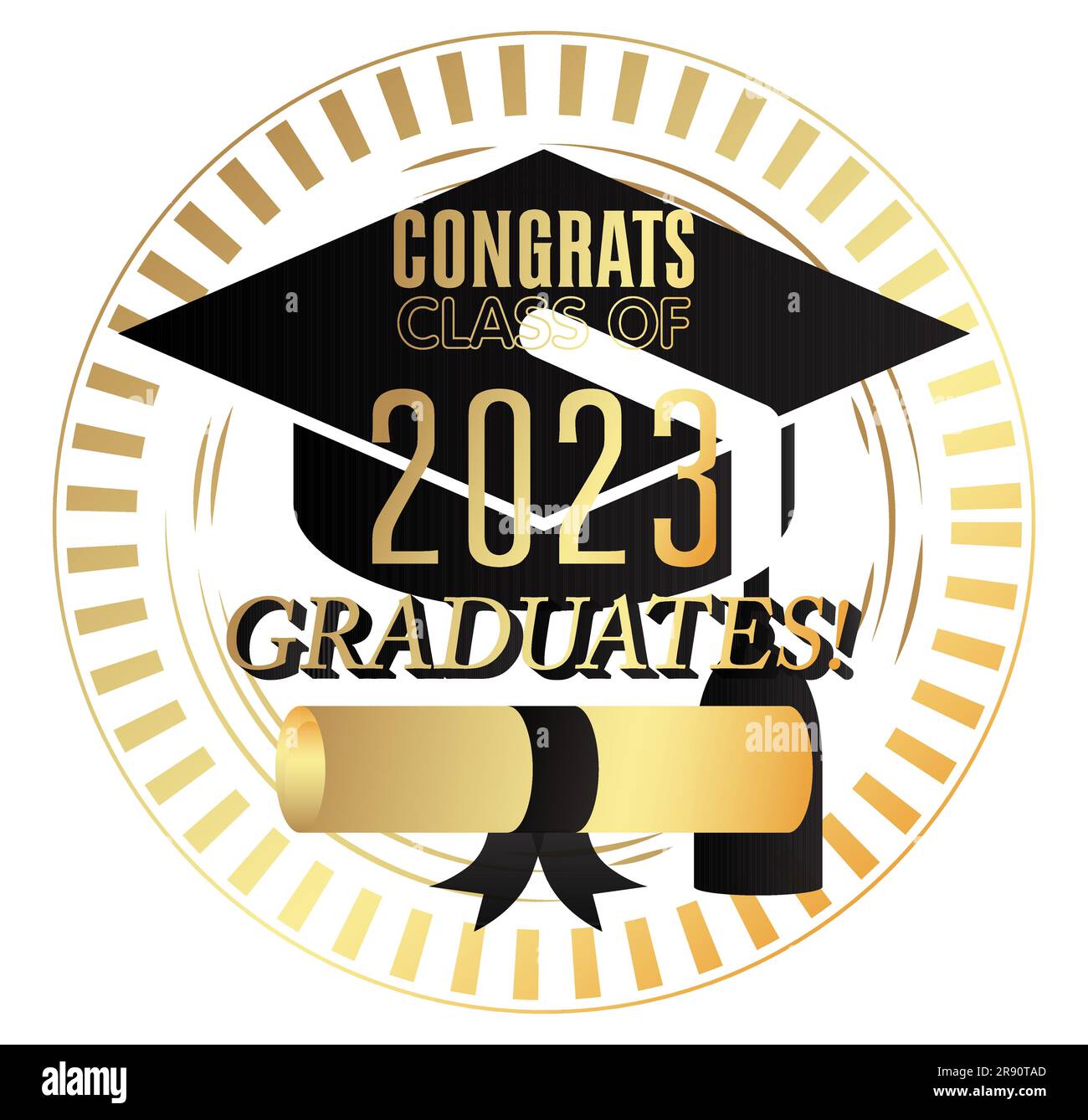 Motif vectoriel noir et or avec graduation. Classe de 2023, modèle doré de diplôme d'études ...