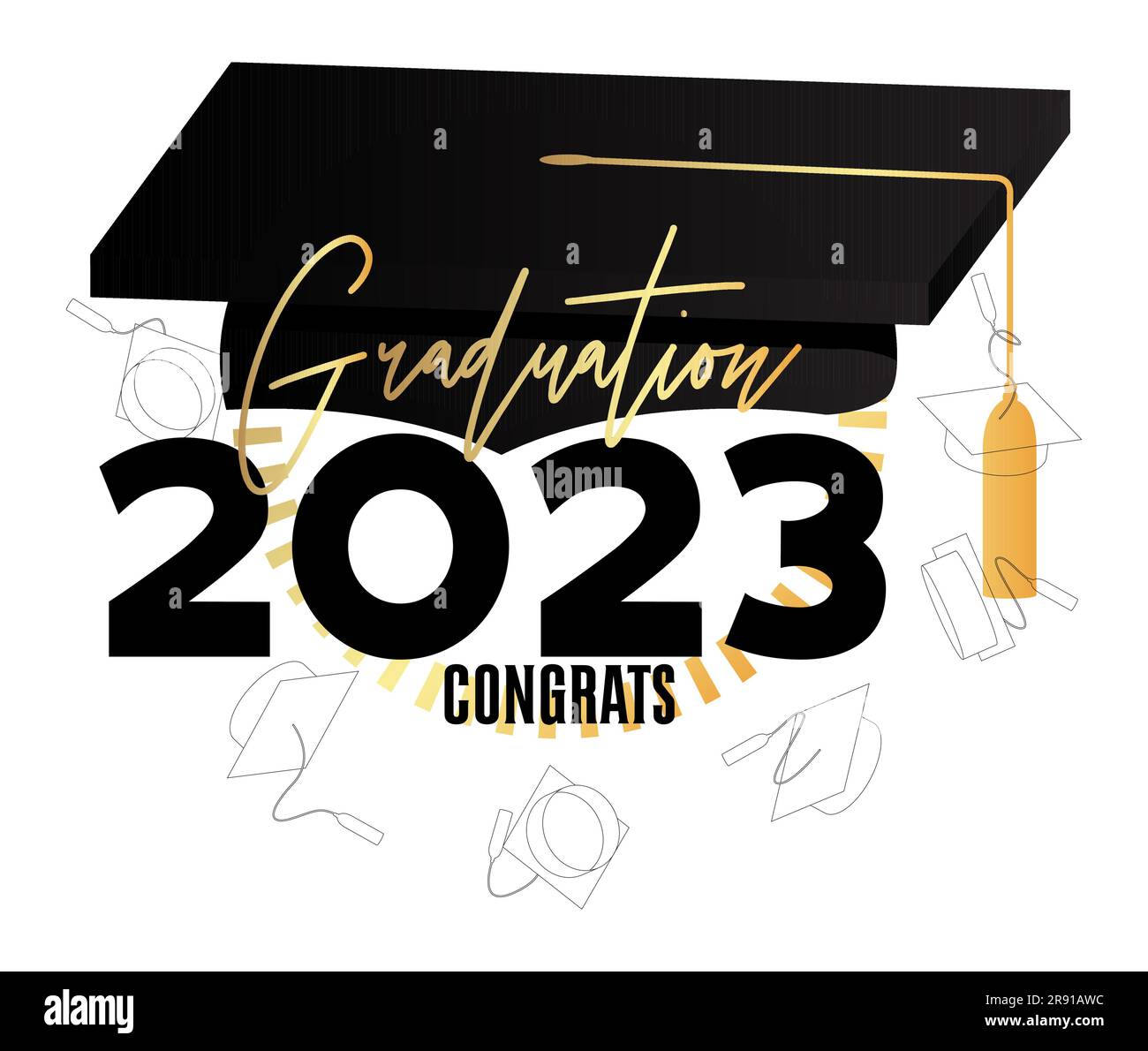 Motif vectoriel noir et or avec graduation. Classe de 2023, modèle doré de diplôme d'études ...