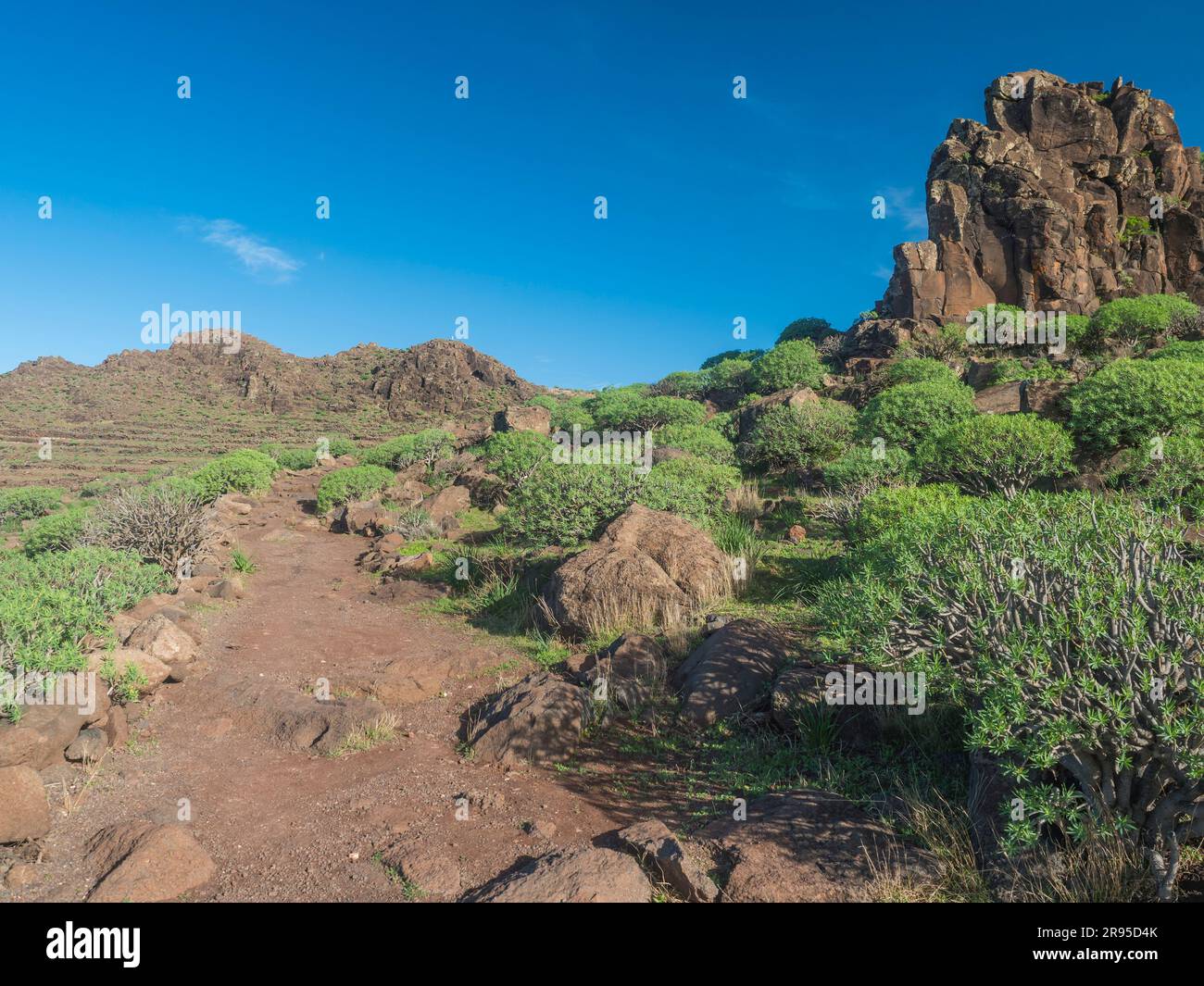 Sentier de terre sur le plateau de falaises abruptes de la Merica ...