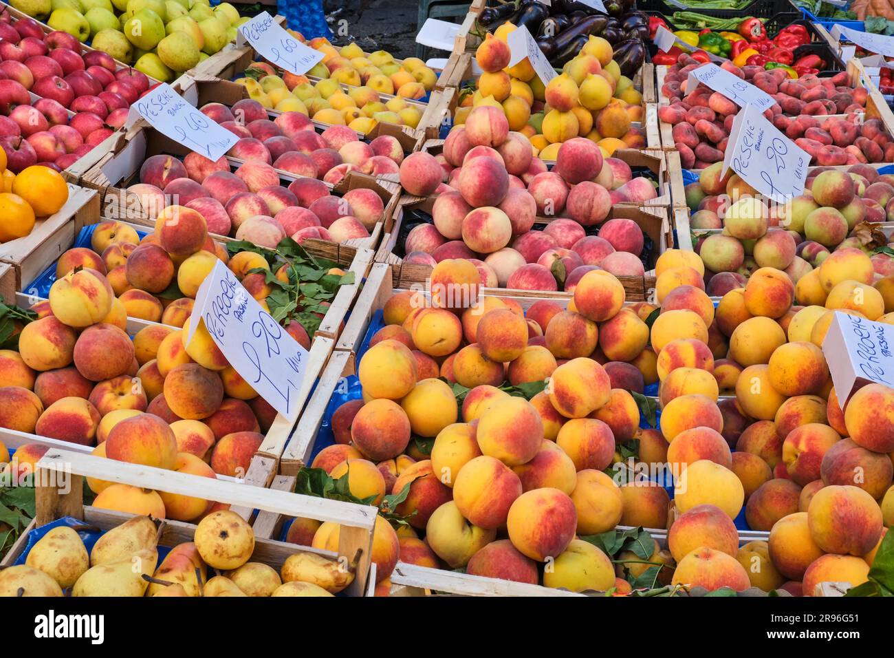 Différents types de pêches à vendre sur un marché Photo Stock - Alamy