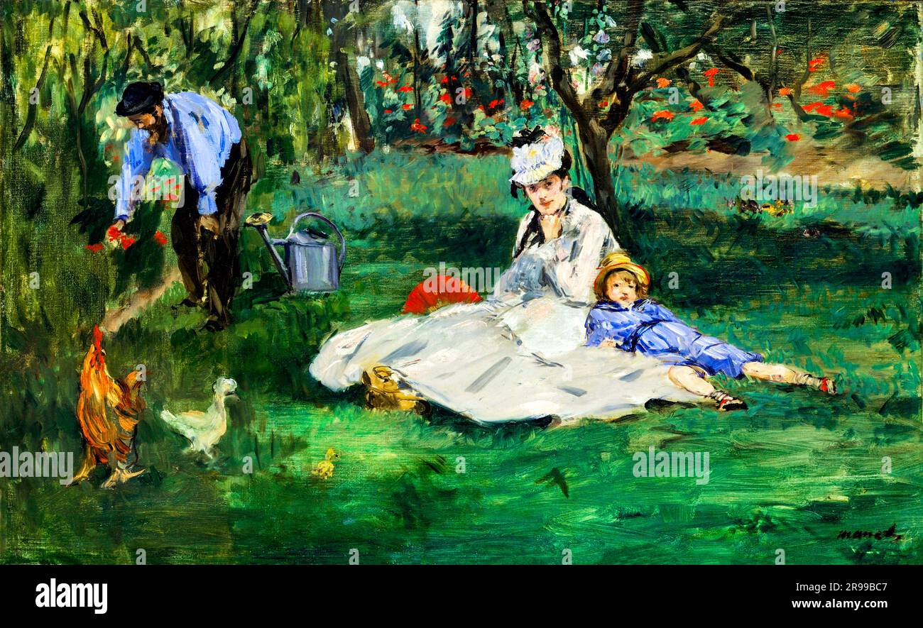 La famille Monet dans leur jardin à Argenteuil peint en haute résolution par aigue;douard Manet ...