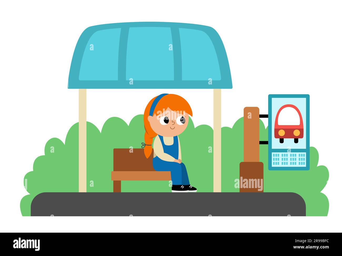 Icône d'arrêt de bus Vector avec fille en attente. Station de ...