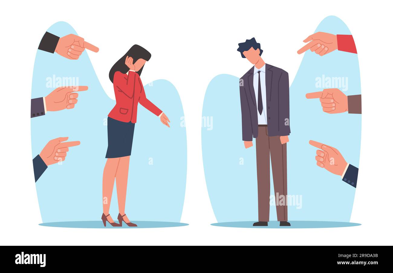 Concept d'accusation, des gens pointant du doigt un homme et une femme ...