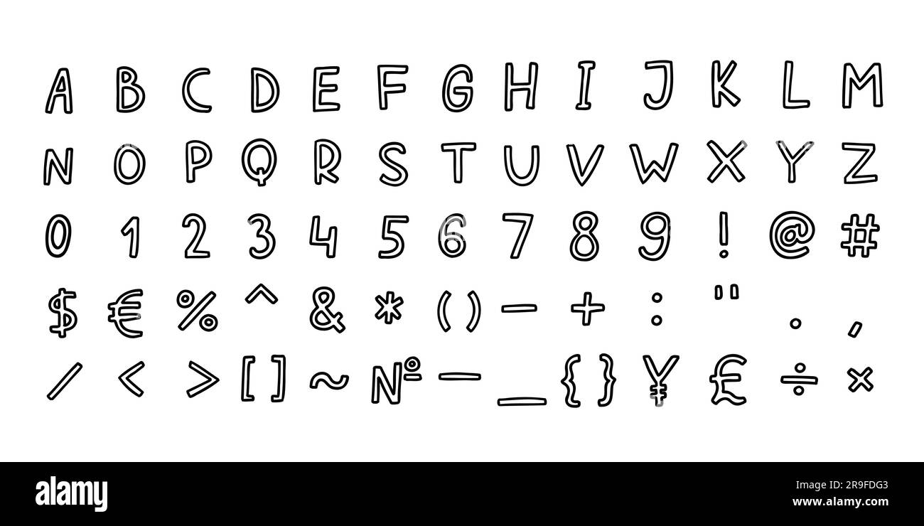 Police noire griffonne de l'alphabet latin abc avec chiffres et ...