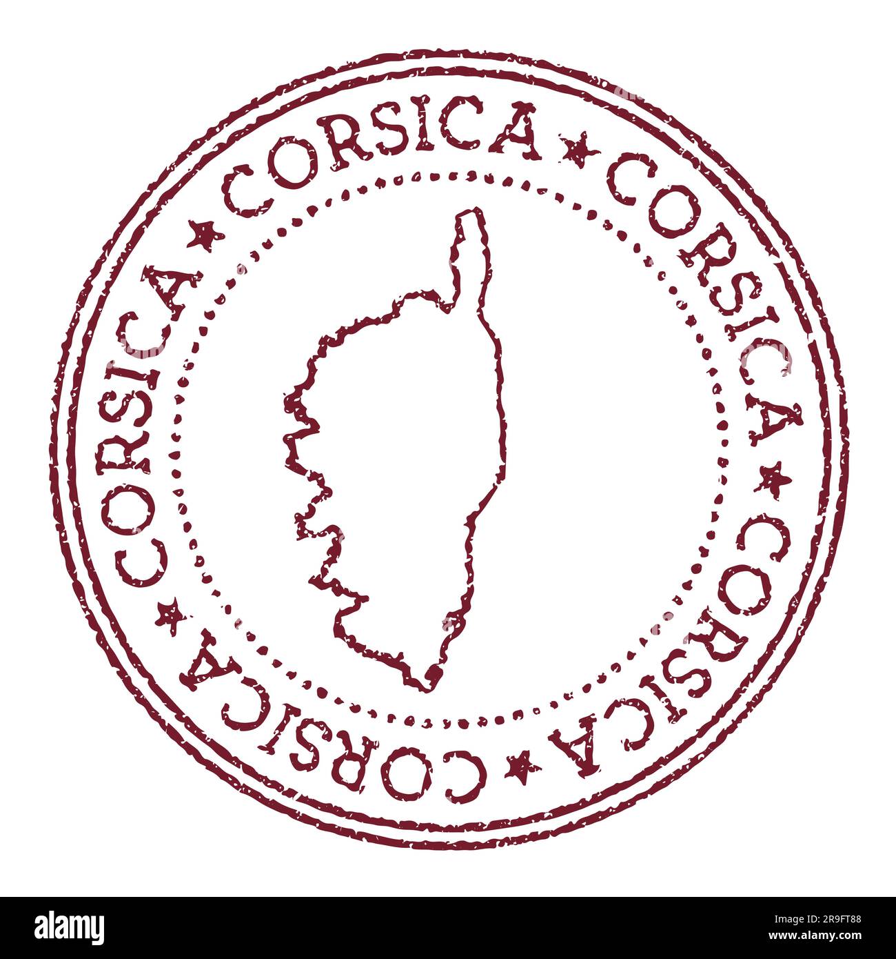 Timbre rond en caoutchouc Corse avec carte de l'île. Timbre passeport ...