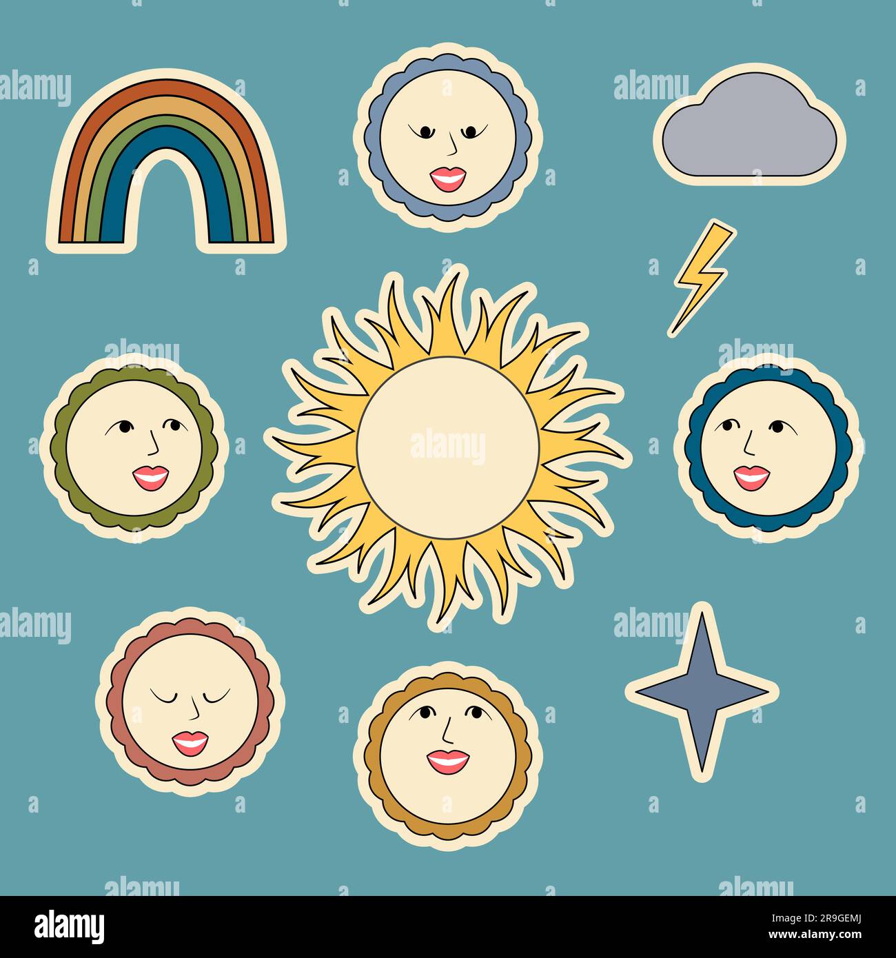 Soleil et visages comiques avec diverses émotions. Autocollants soleil ...