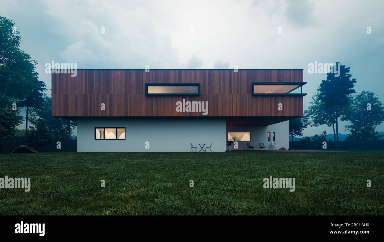 Vue en perspective d'une architecture moderne de maison de deux étages ...