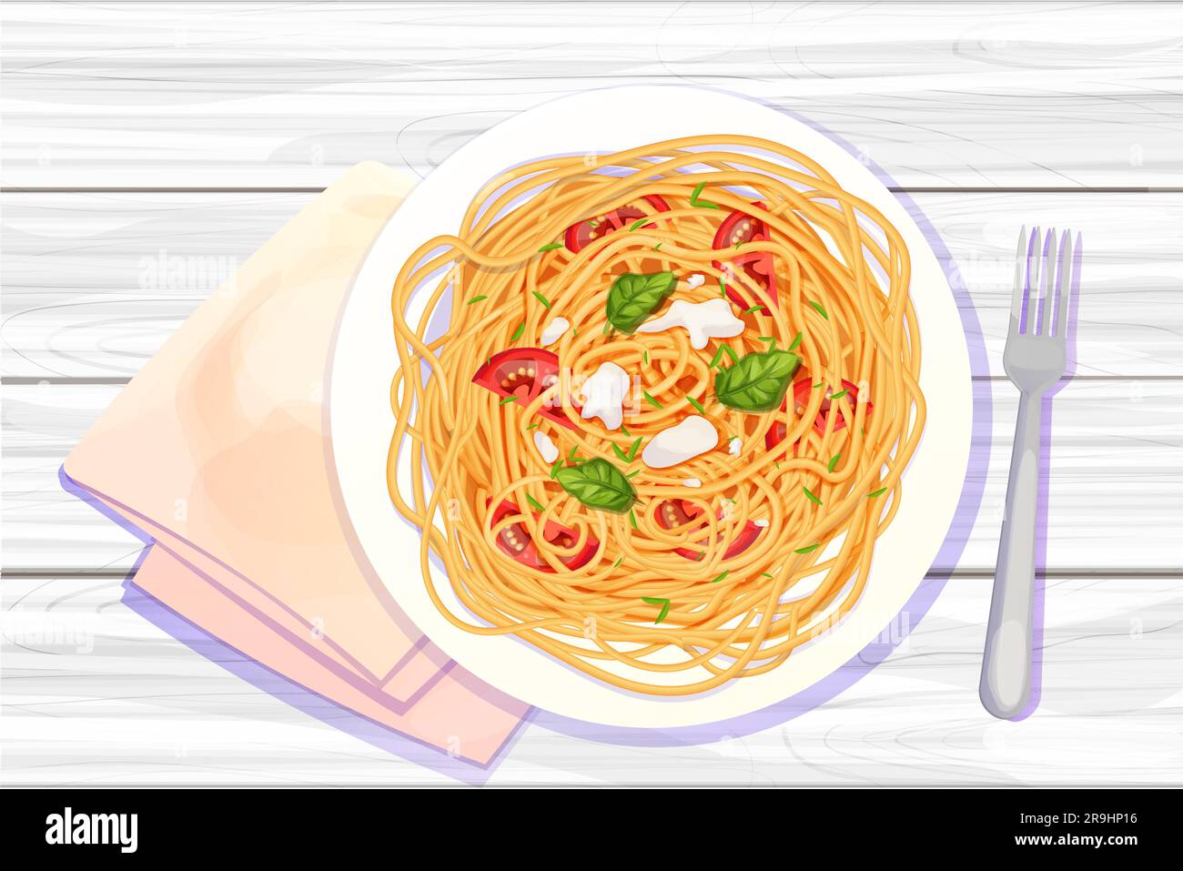 Spaghetti pâtes dans l'assiette avec des tomates, basilic, mozzarella ...