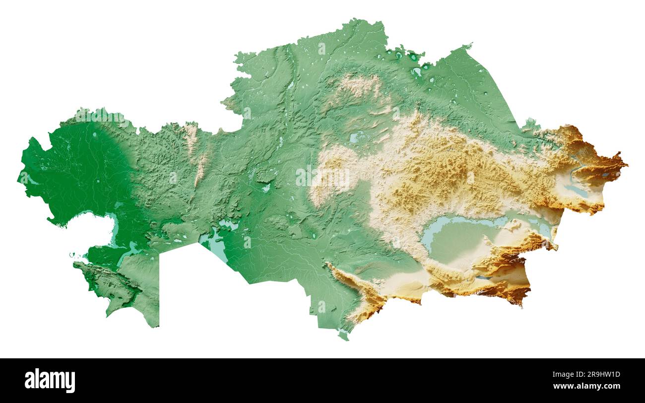 Kazakhstan. Rendu 3D très détaillé de la carte de relief ombré avec les ...