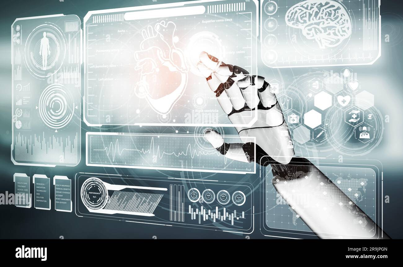 Le robot d'intelligence artificielle médicale fonctionne dans le futur hôpital. Soins de santé ...