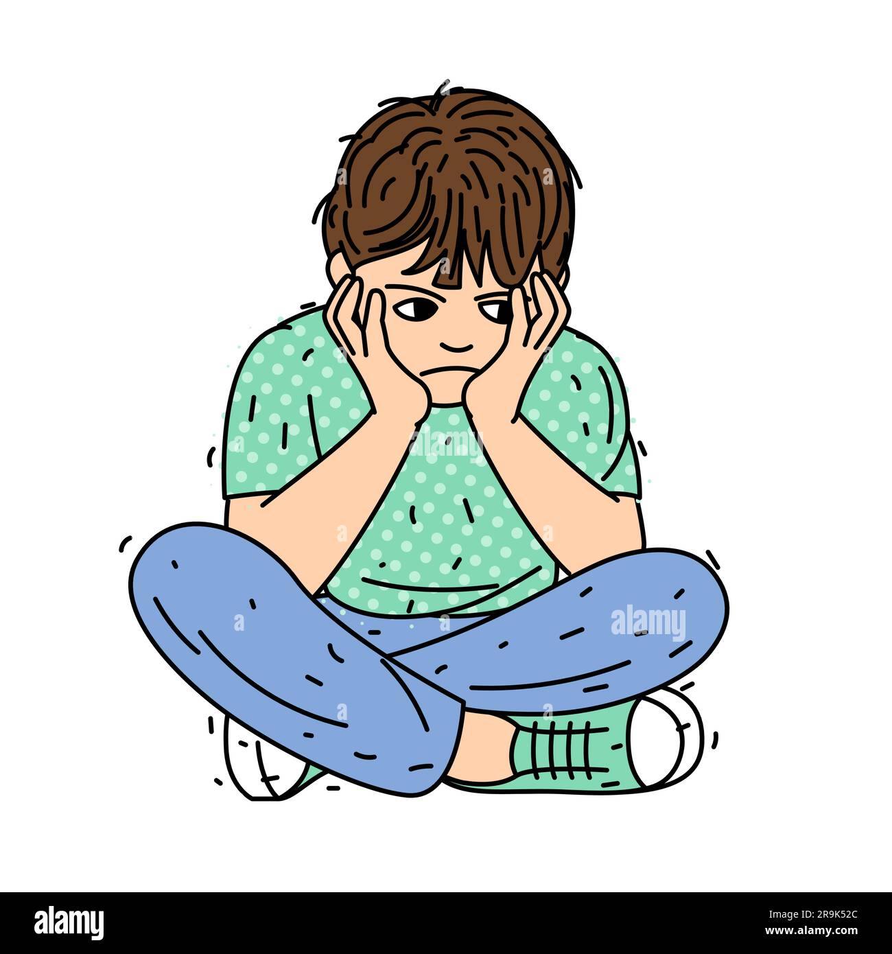 Enfant déprimé qui a l'air solitaire. Triste petit garçon assis seul ...
