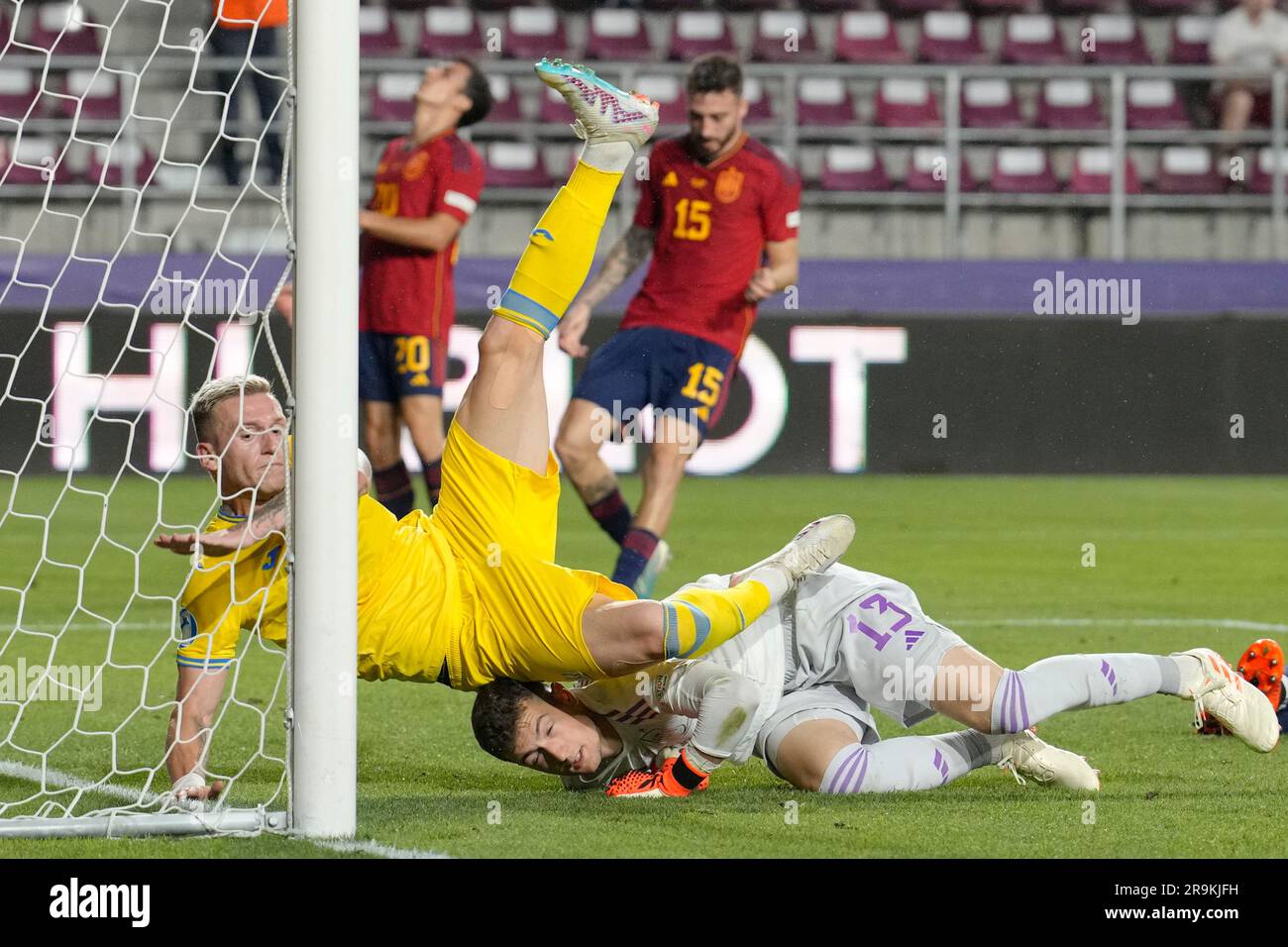 Ukraine's Bohdan Viunnyk scores his side's first goal during the Euro 2023 U21 Championship ...