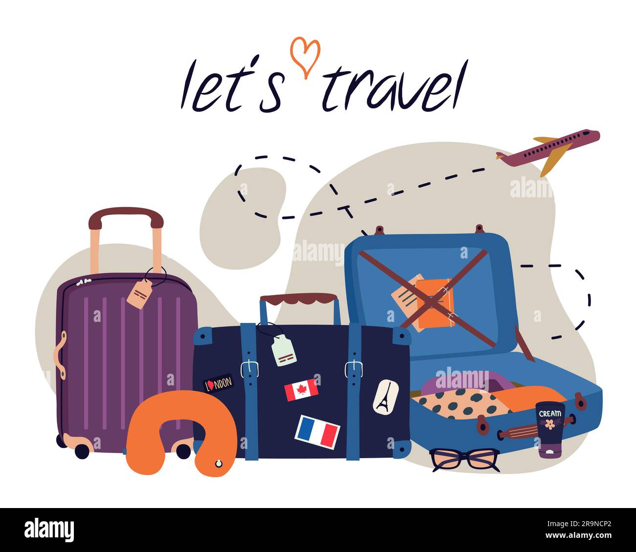 Ensemble vectoriel avec éléments de voyage : sacs à bagages, valises ...