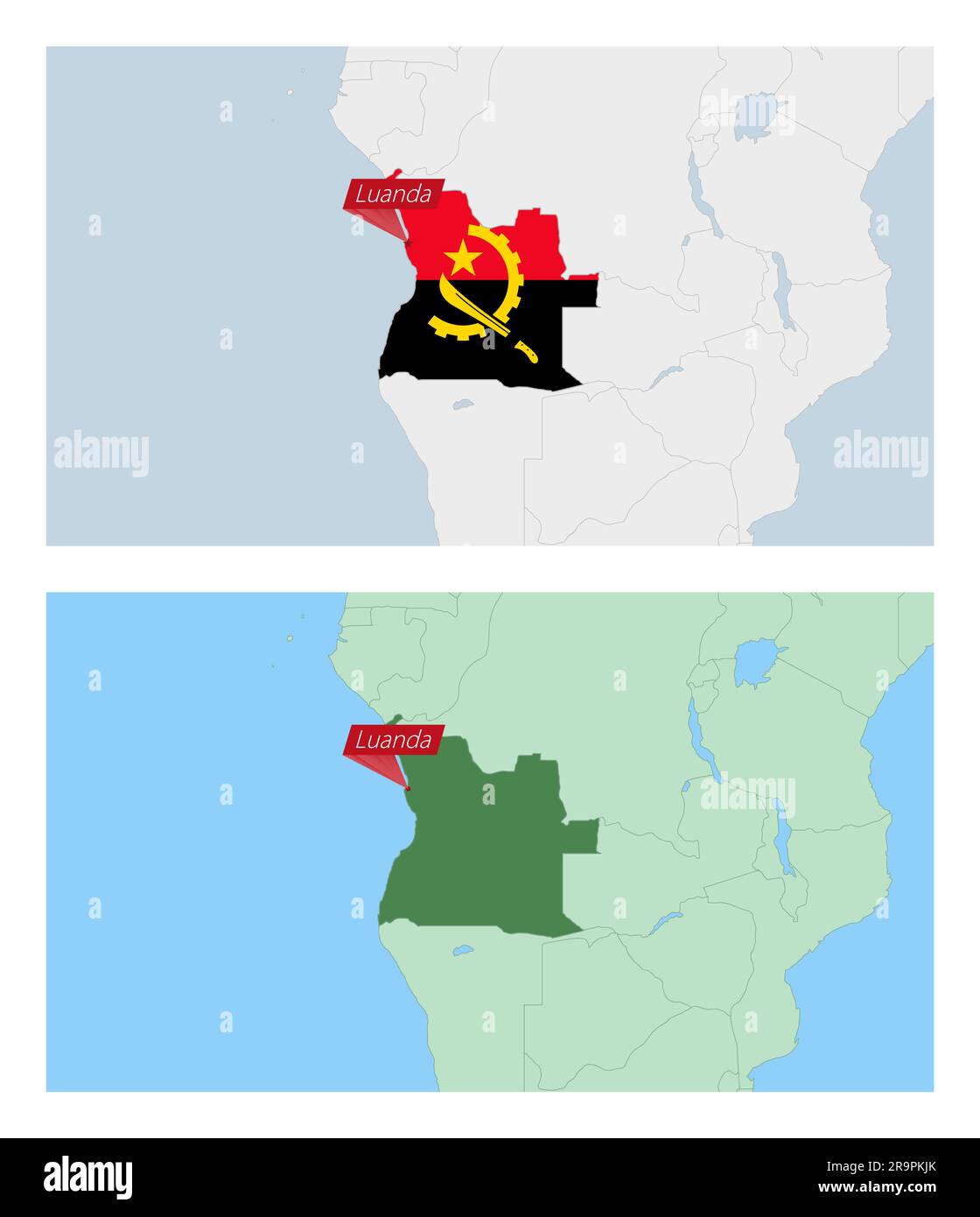 Carte de l'Angola avec PIN de la capitale du pays. Deux types de carte ...
