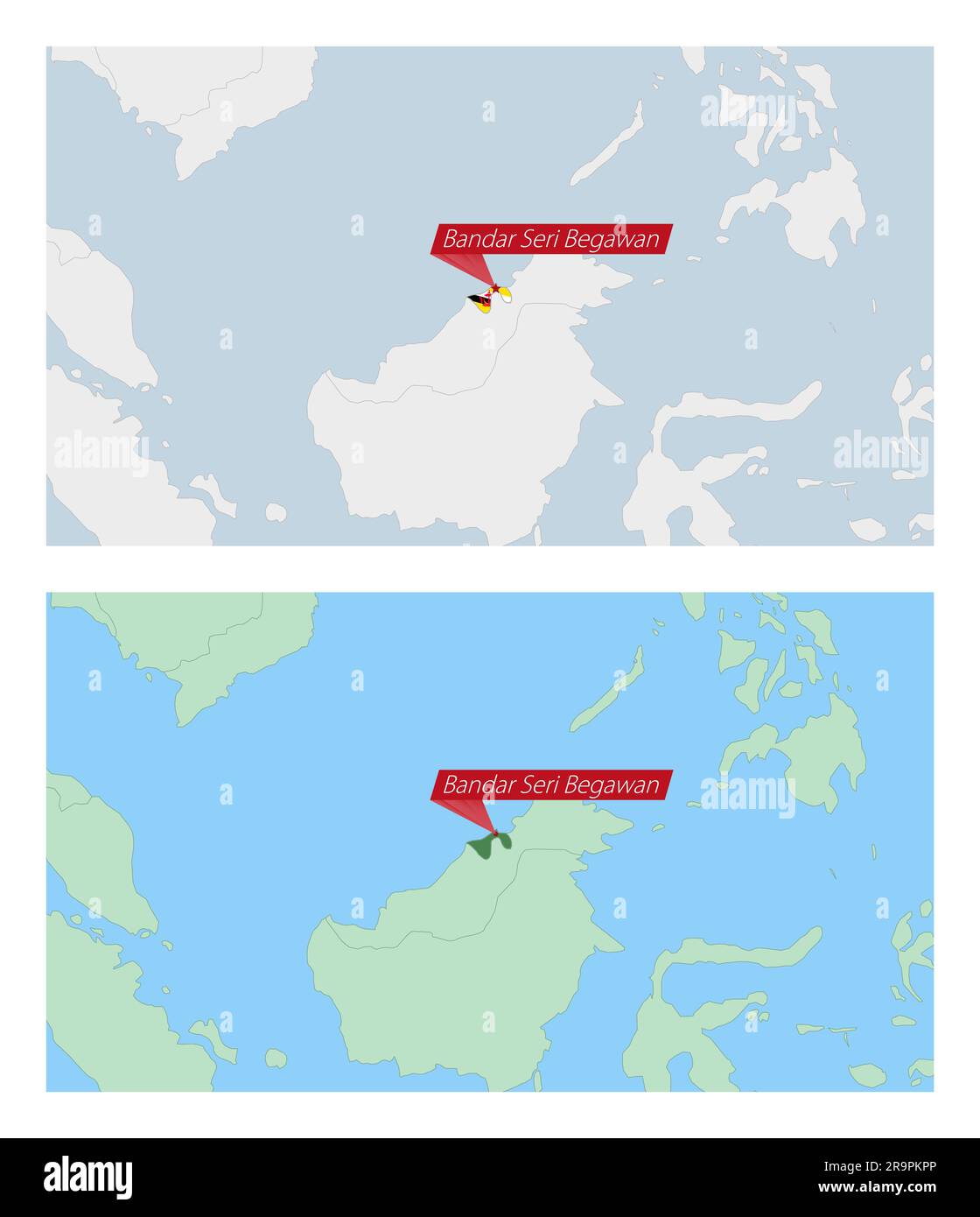 Carte de Brunei avec broche de la capitale du pays. Deux types de carte ...