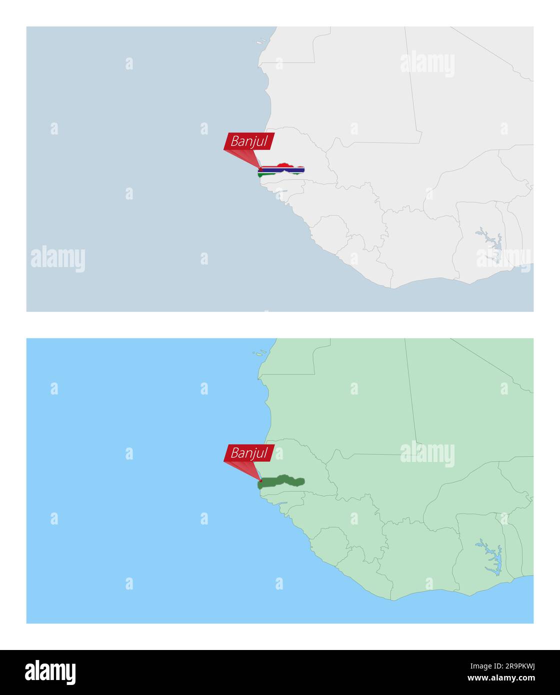 Carte de Gambie avec code PIN de la capitale du pays. Deux types de ...