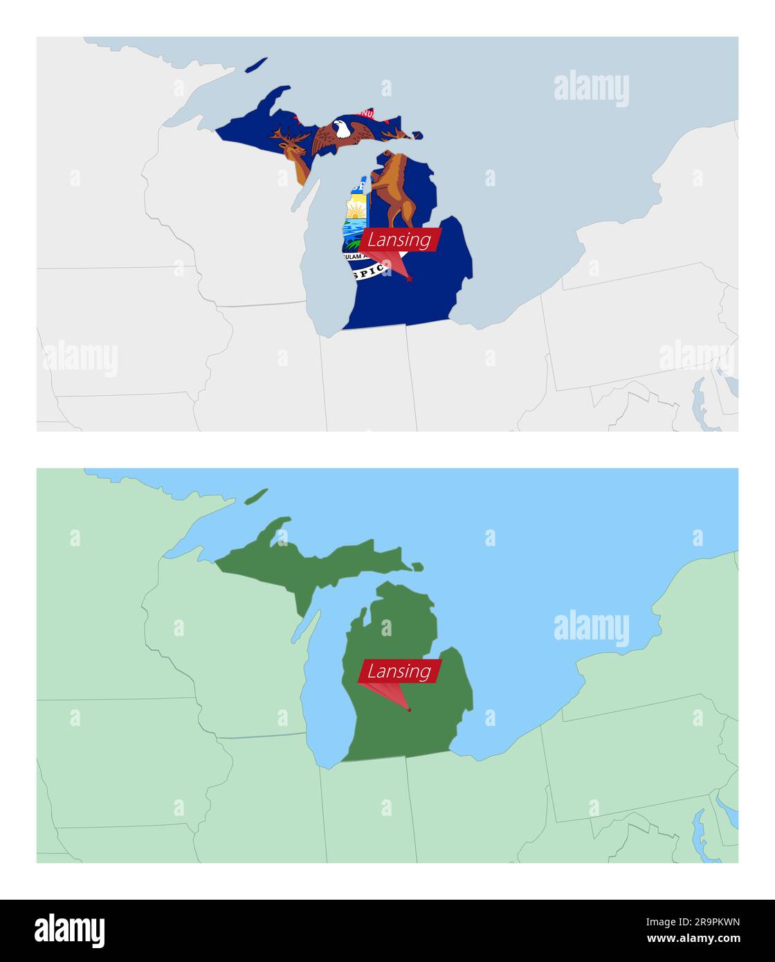 Carte du Michigan avec PIN de la capitale du pays. Deux types de carte ...