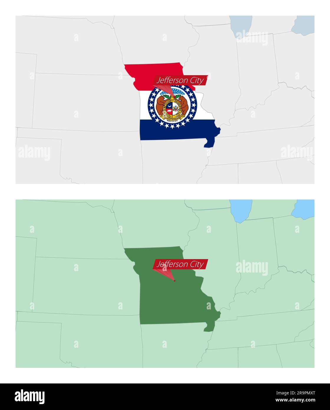 Carte du Missouri avec PIN de la capitale du pays. Deux types de carte ...