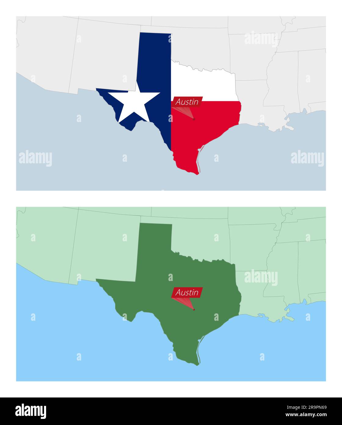 Carte du Texas avec broche de la capitale du pays. Deux types de carte ...
