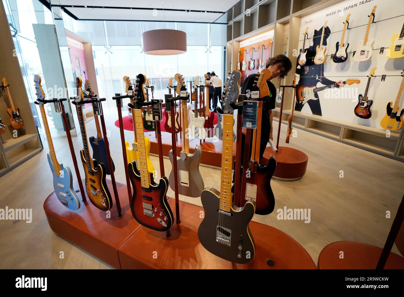 Fender guitars are on display at the opening ceremony of its Tokyo ...