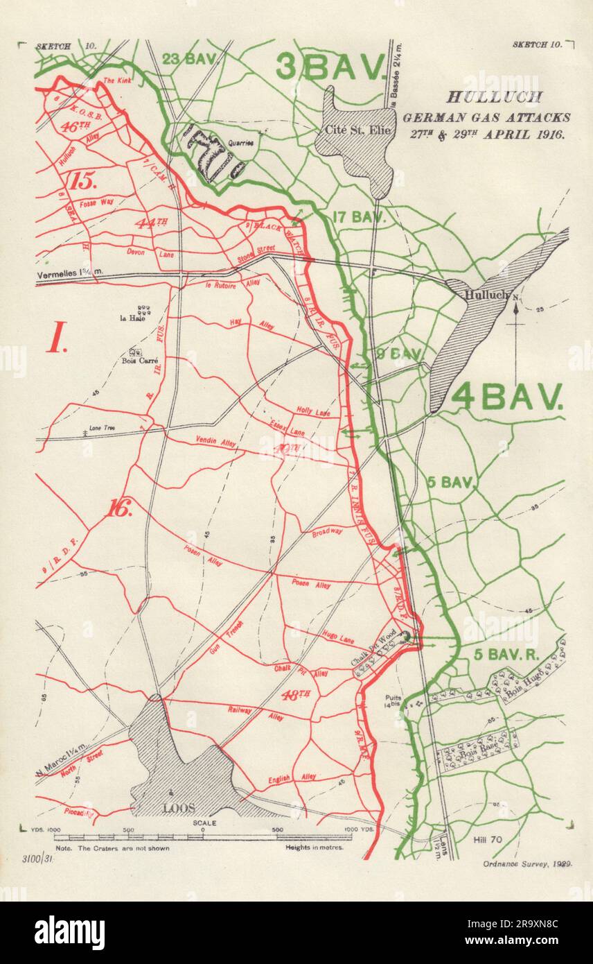 Hulluch German Gas attaques 27-29th avril 1916. Carte des tranchées de ...