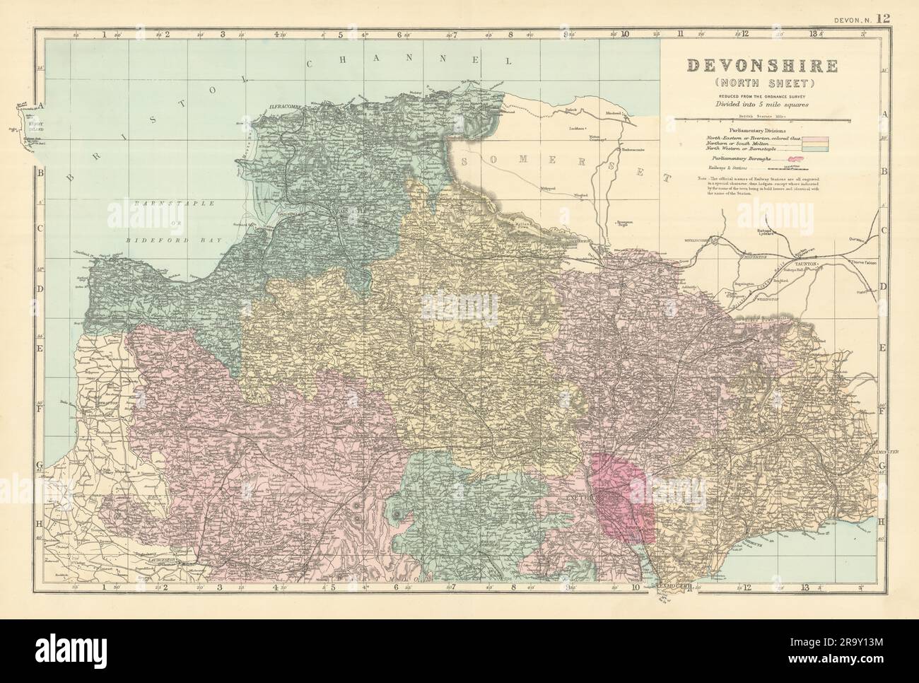 DEVON (Nord) carte du comté antique par GW BACON 1891 carte de l'ancien ...