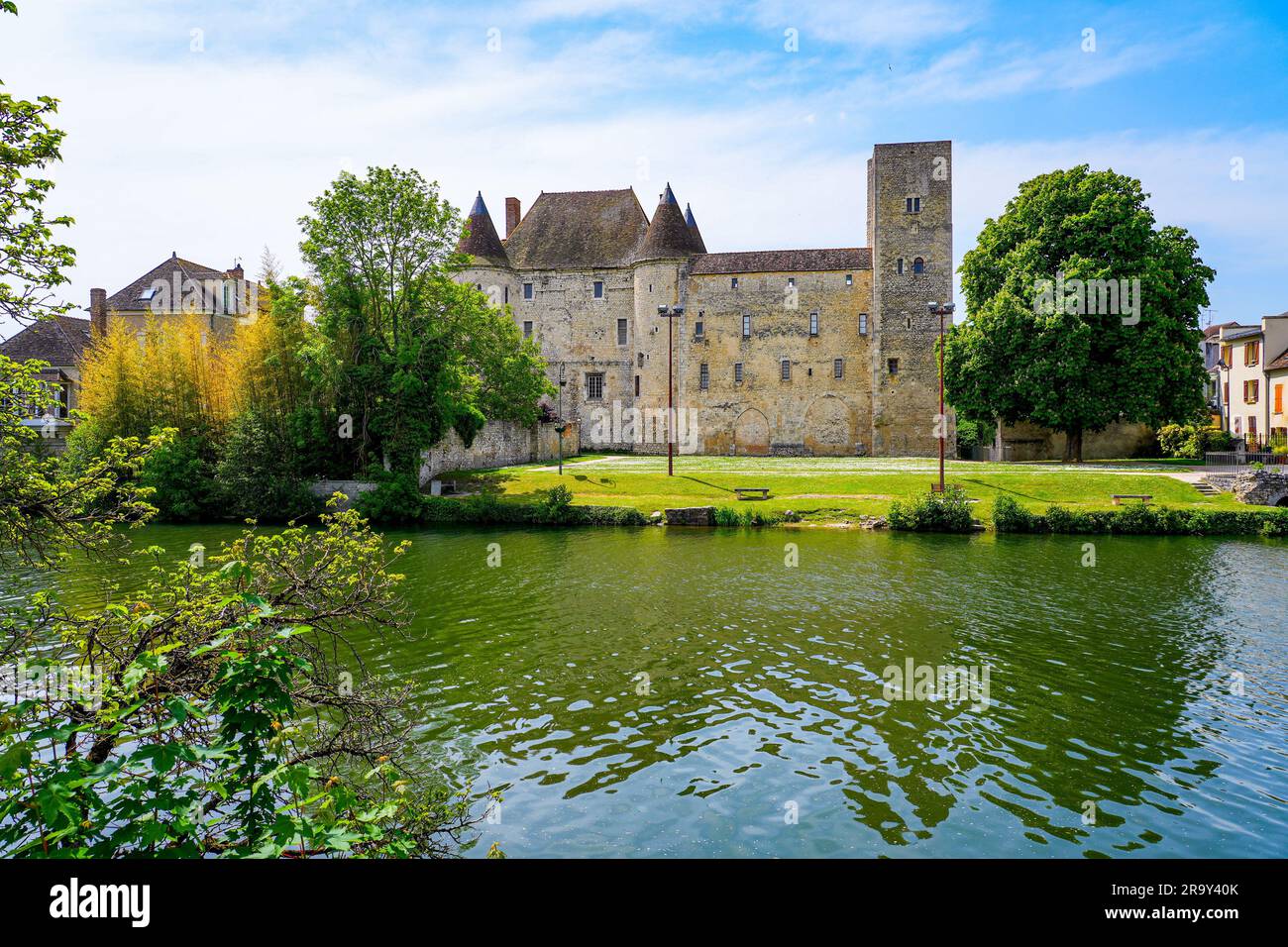 Rivière Loing en face du château médiéval de Nemours dans la ville du ...