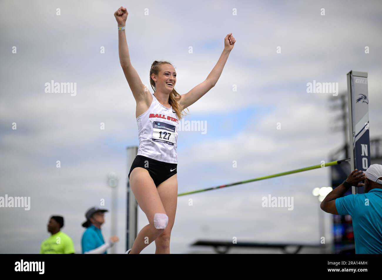 Ball State's Charity Griffith reacts after clearing the bar in the ...
