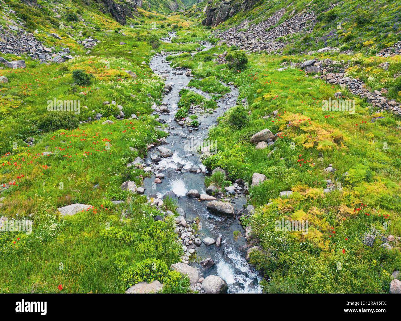 Vue aérienne sur le ruisseau de montagne avec des pierres colorées. Rivière fluide avec des ...