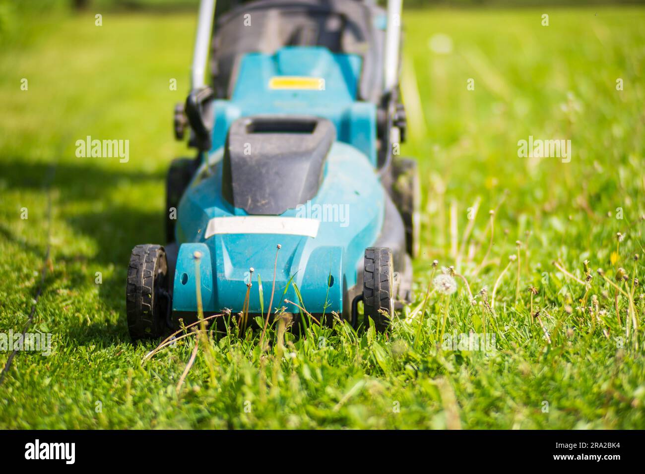 Déplacement de pelouse sur l'herbe verte dans le jardin moderne ou ...