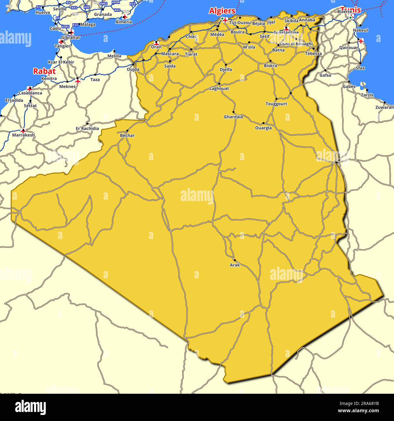 Carte de l'Algérie avec routes principales et autoroutes Photo Stock ...