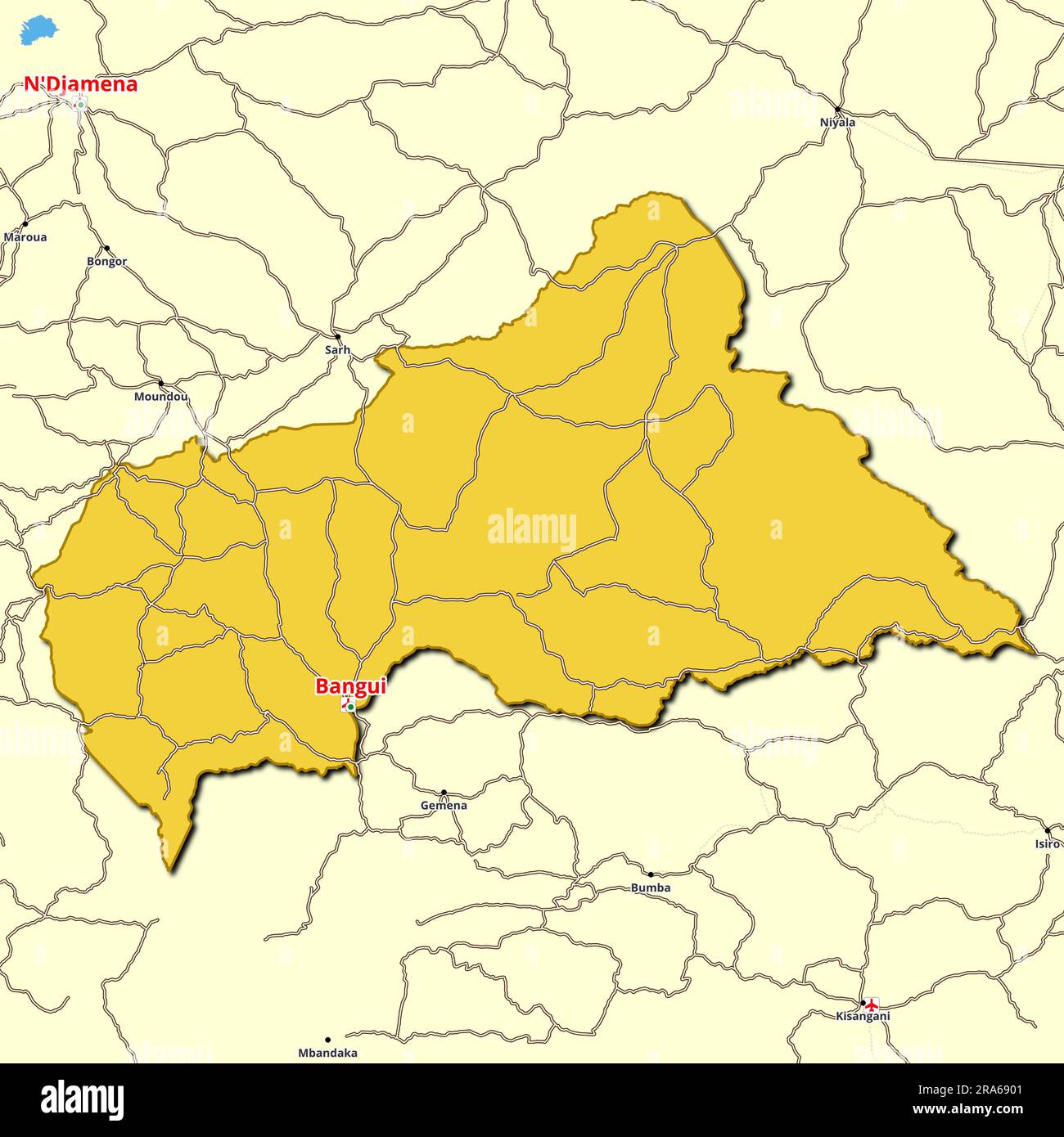 Carte de la République centrafricaine avec routes principales et ...