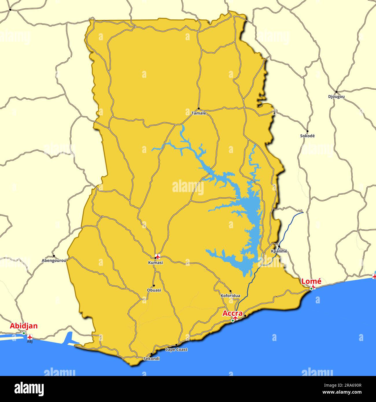 Carte du Ghana avec routes principales et autoroutes Photo Stock - Alamy