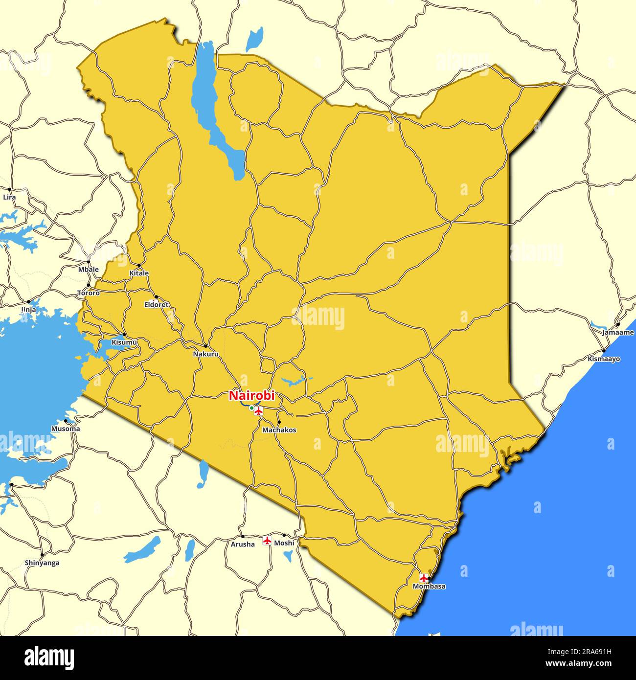 Carte du Kenya avec routes principales et autoroutes Photo Stock - Alamy