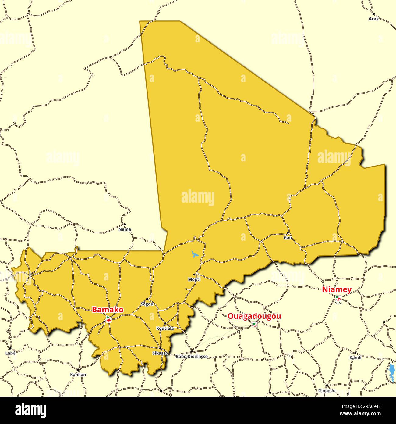 Carte du Mali avec routes principales et autoroutes Photo Stock - Alamy