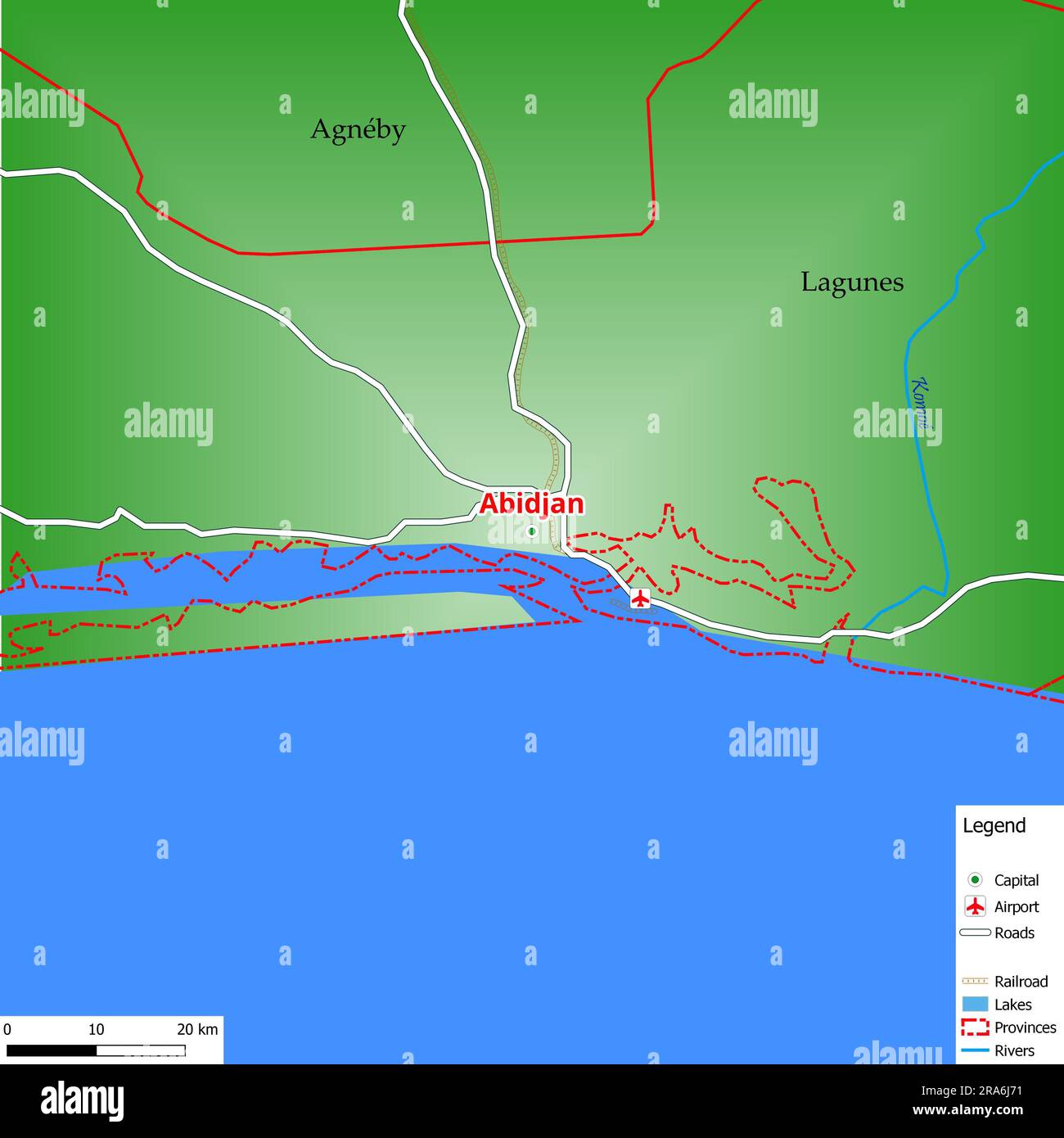 Carte de la capitale Abidjan avec les rues principales, les rivières ...